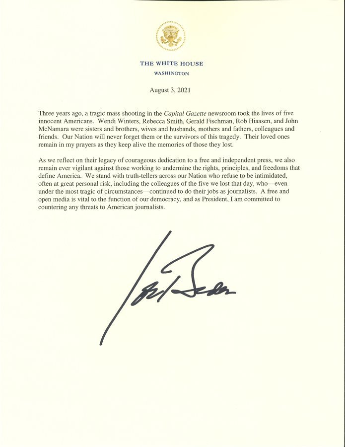 Letter from President Biden in support of Capital Gazette, free and ...