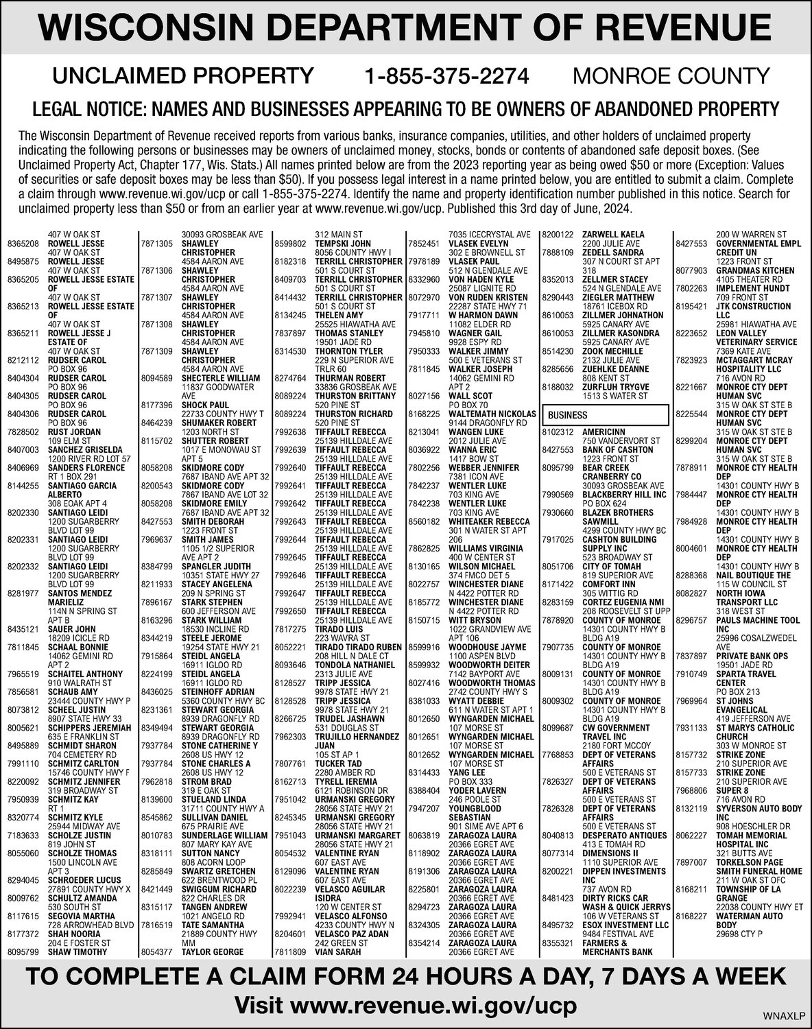 WISCONSIN DEPARTMENT OF REVENUE Notice of unclaimed property - Monroe ...