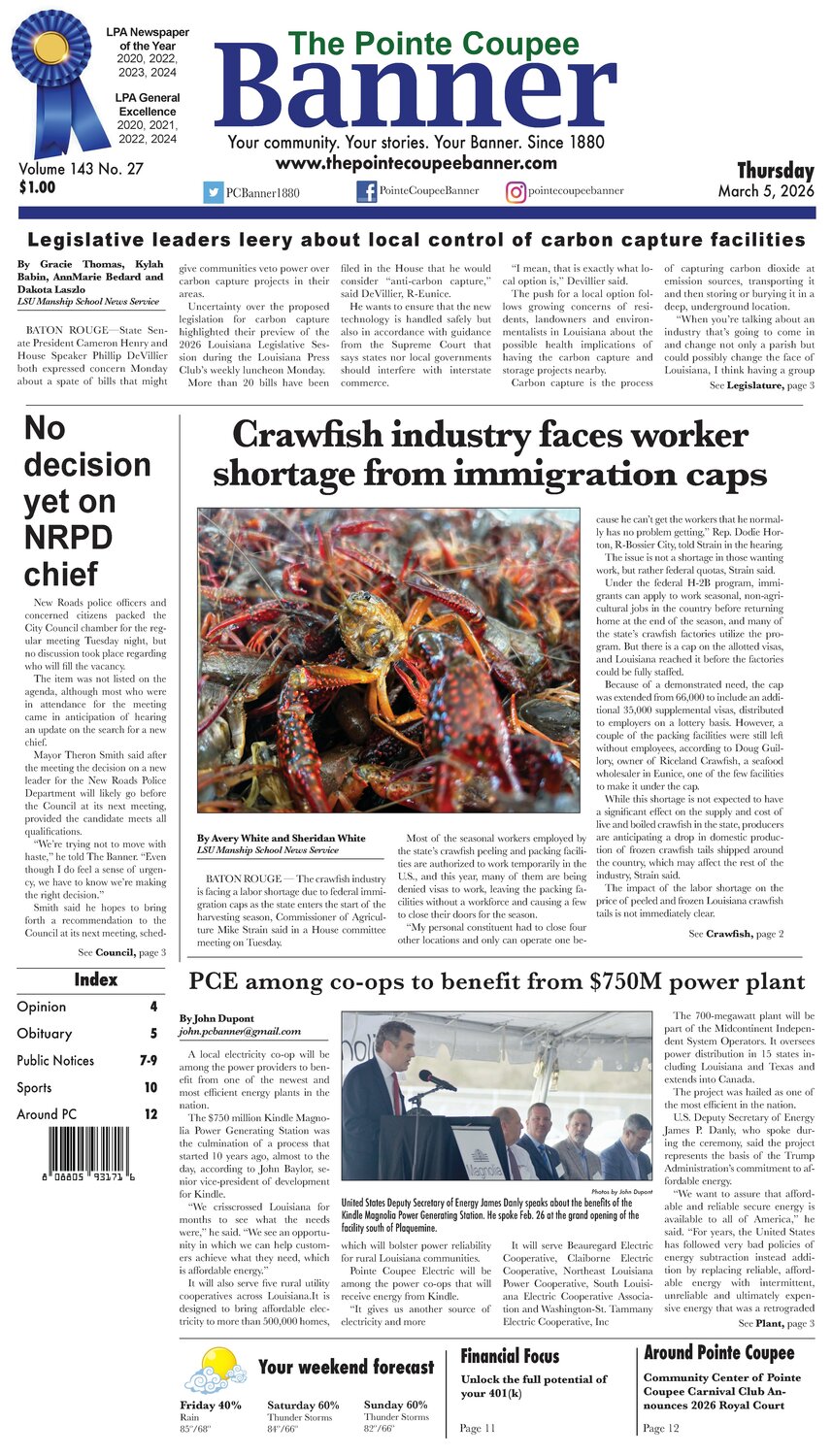 Thursday, March 5, 2026 - Pointe Coupee Banner
